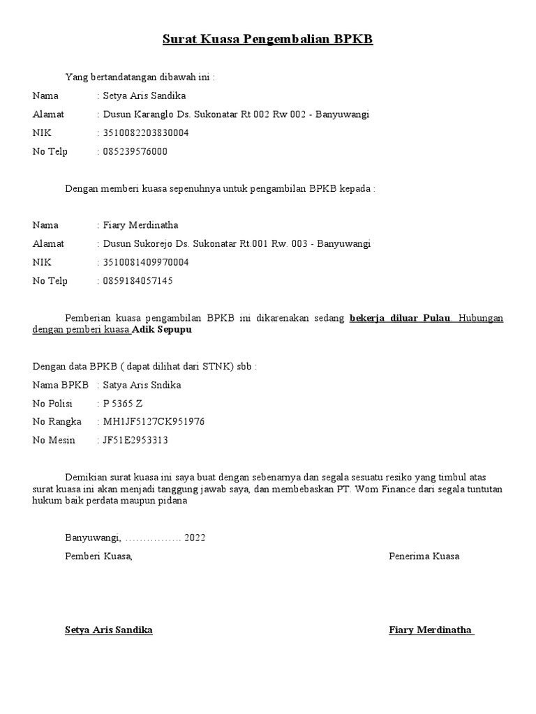 Surat Kuasa Pengembalian BPKB | PDF