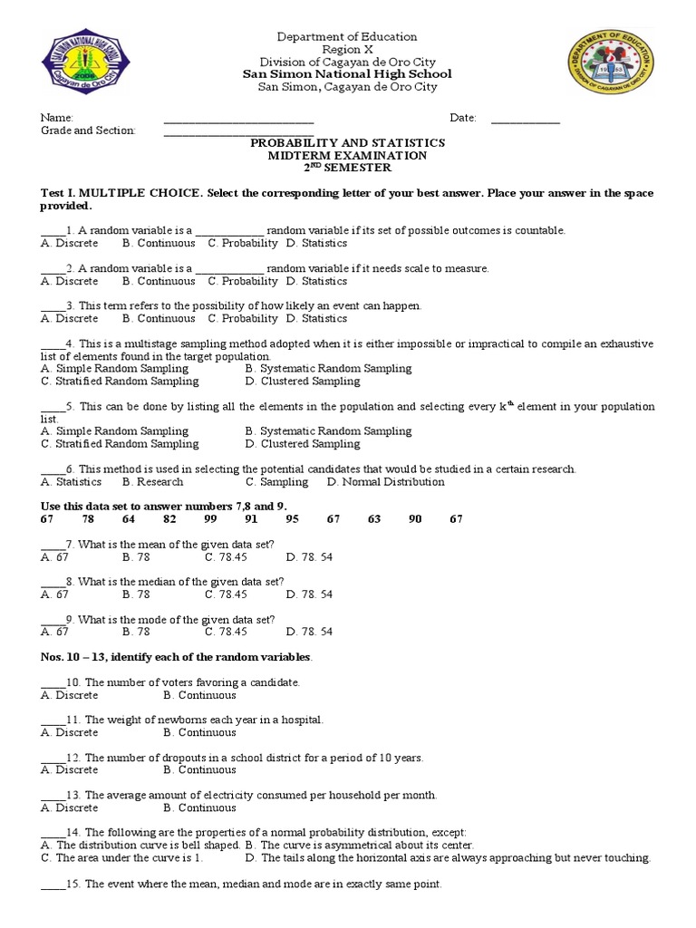 Prob Stat 11 3rd Quarter Exam | PDF | Probability Distribution | Sampling (Statistics)