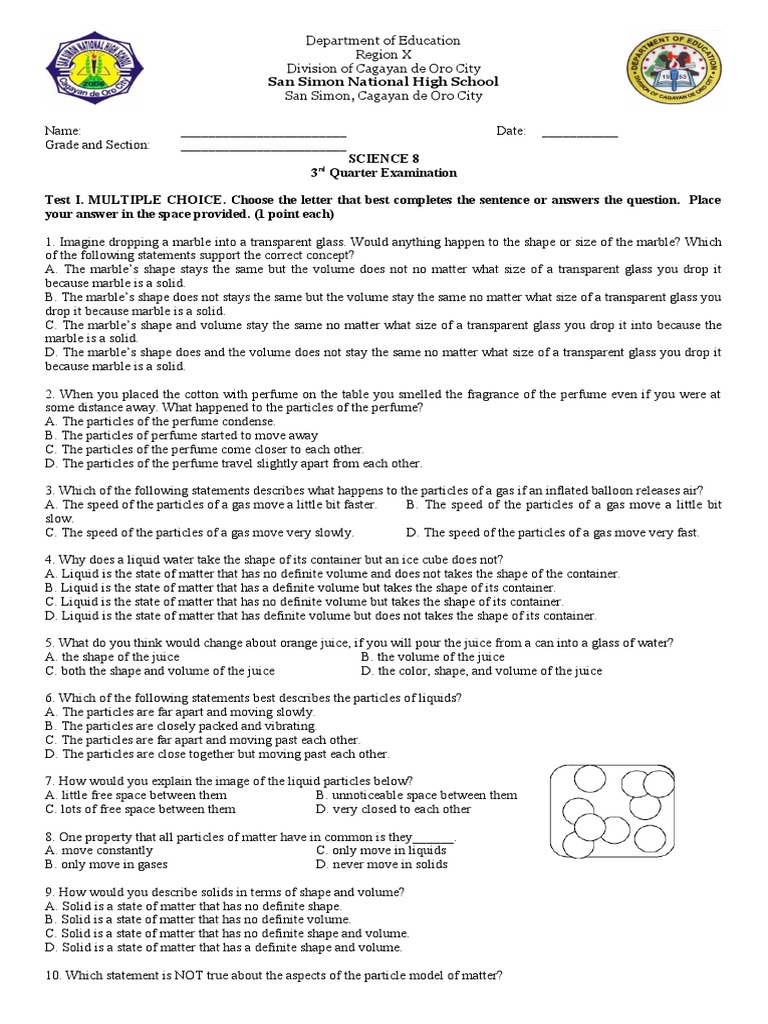 Science 8 3rd Quarter Exam | PDF | Mixture | Gases