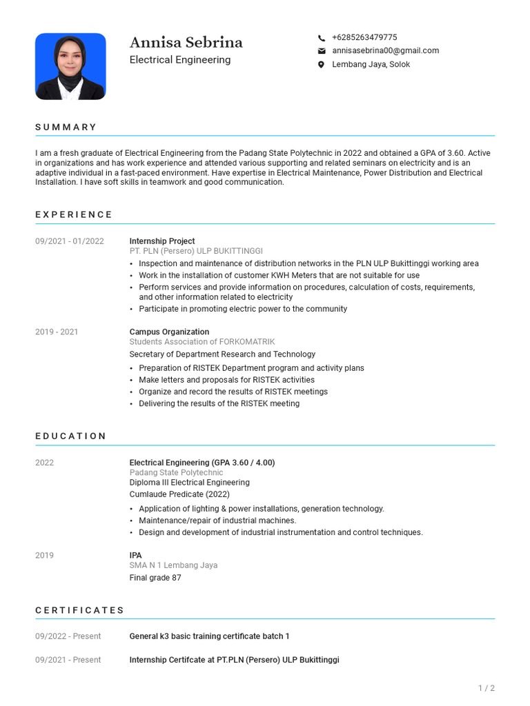 Annisa Sebrina - Electrical Engineering - Resume PDF | PDF