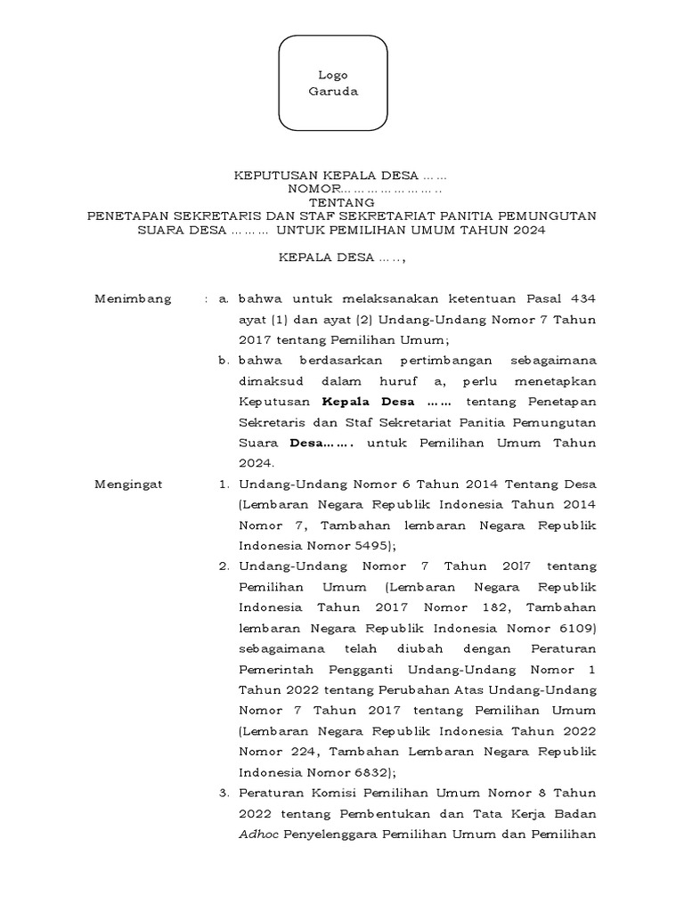 Contoh SK Kepala Desa TTG Penetapan Sekretaris PPS Dan Staf Sekretariat PPS | PDF