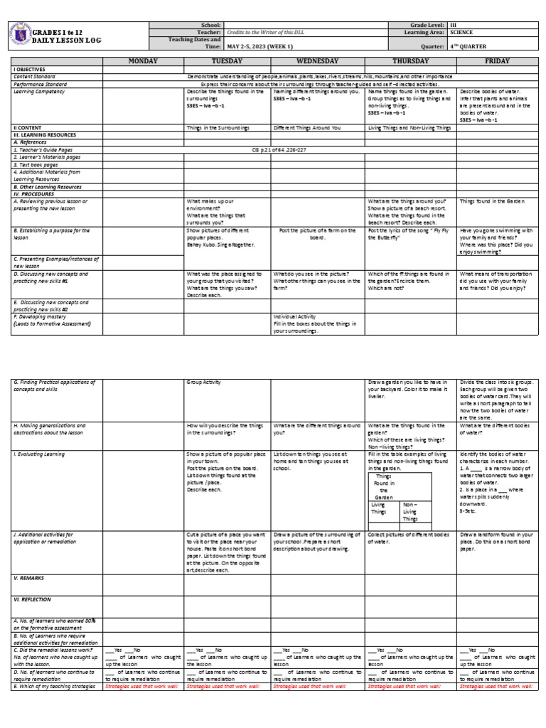 DLL - Science 3 - Q4 - W1 | PDF