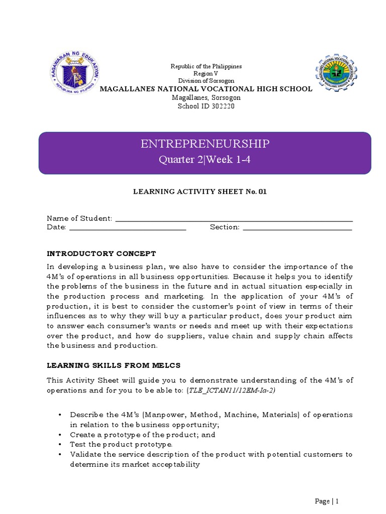 Entrep LAS 02 Q2 WEEK 1 4 | PDF | Supply Chain | Business Model