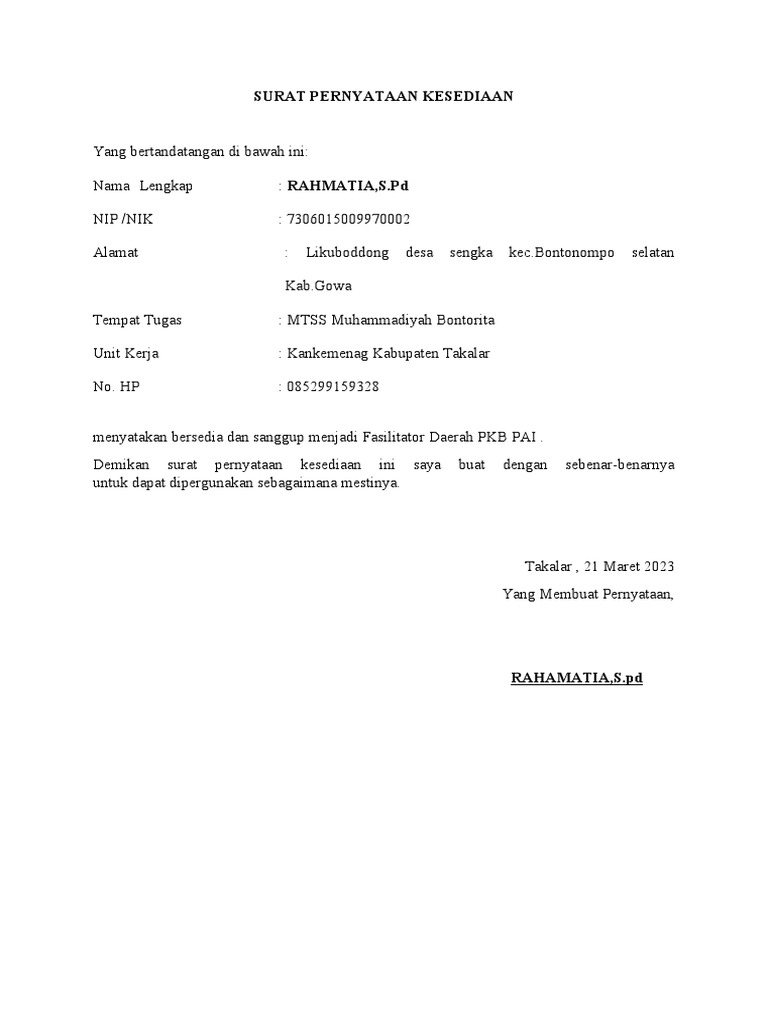 SURAT PERNYATAAN KESEDIAAN[1] | PDF
