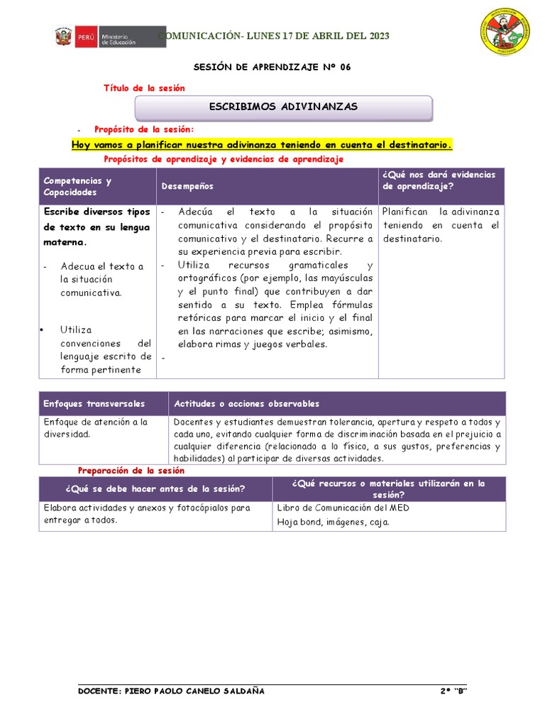 17 de Abril-Sesión de Comunicacion-Escribimos Adivinanzas | PDF | Aprendizaje | Comunicación