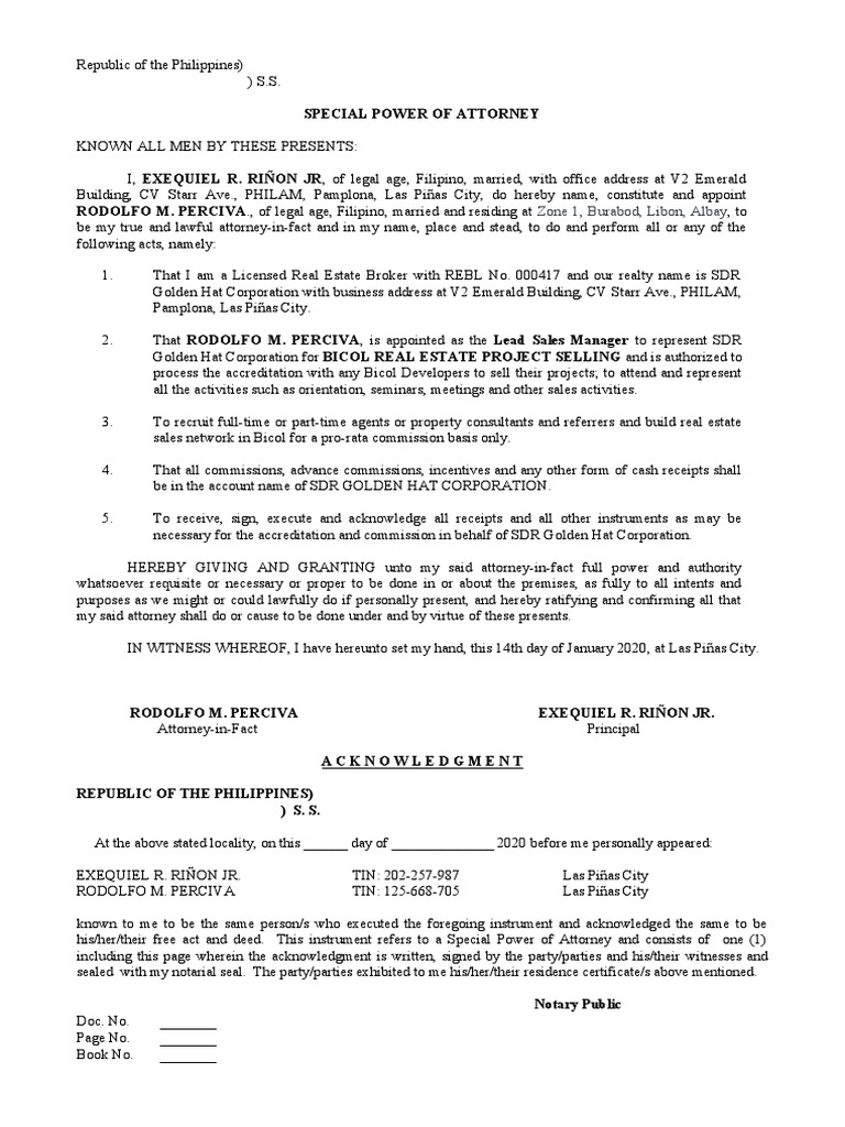 Special Power of Attorney Sample | PDF