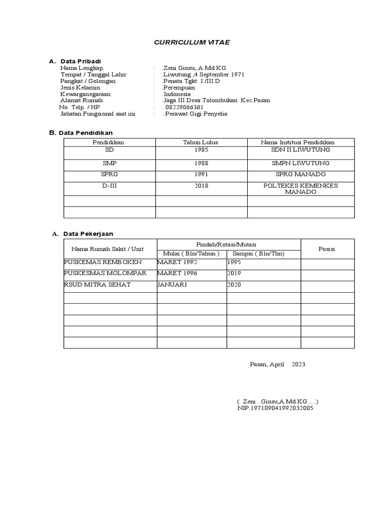CV Zeni Ginsu: Perawat Gigi Penyelia | PDF