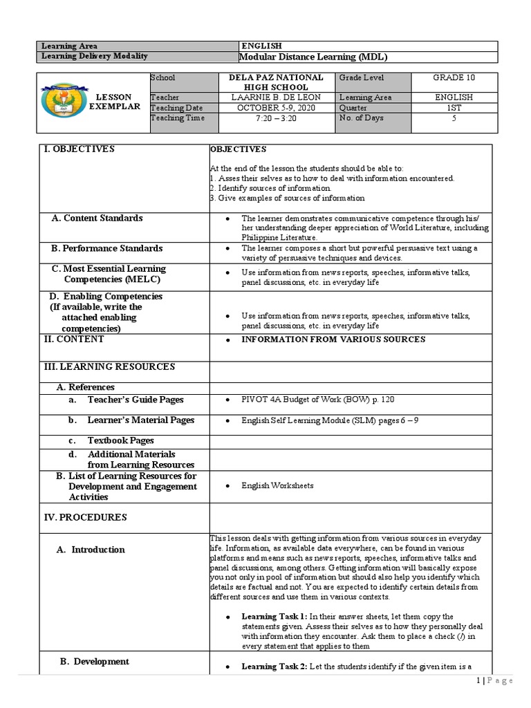 English 10 Lesson Exemplar week 1 | PDF