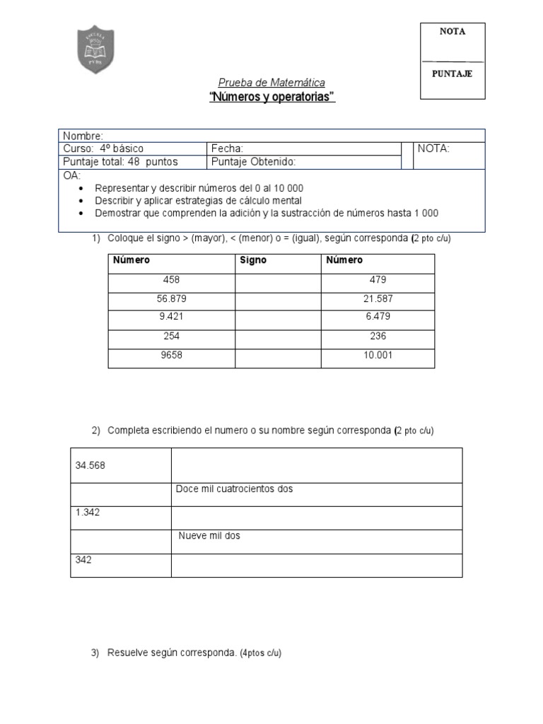 Prueba de Matemática 4to Básico | PDF | Matemáticas | Aritmética