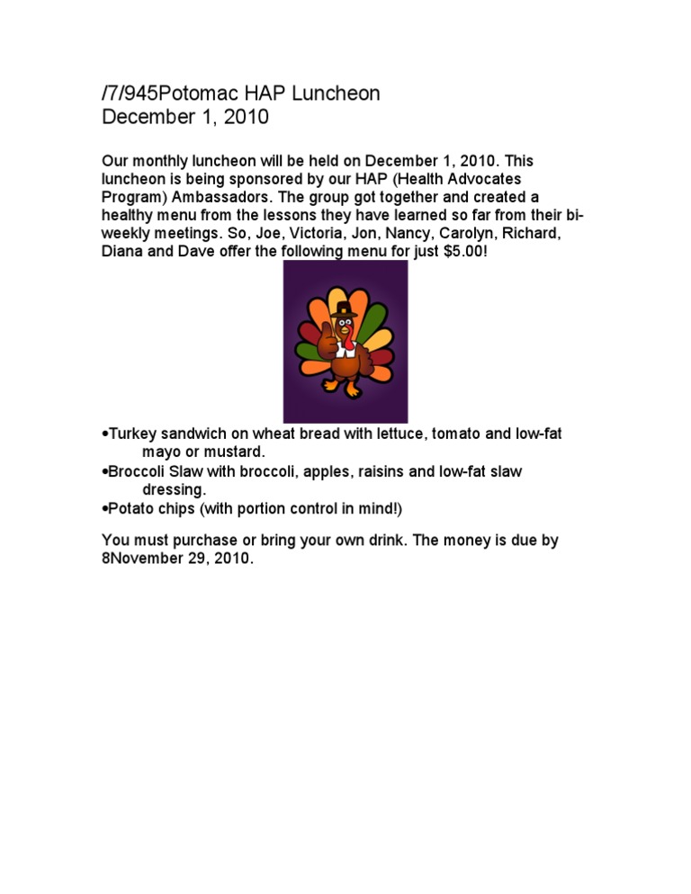 December 2010 HAP Luncheon Menu | PDF | Cooking, Food & Wine | Wellness