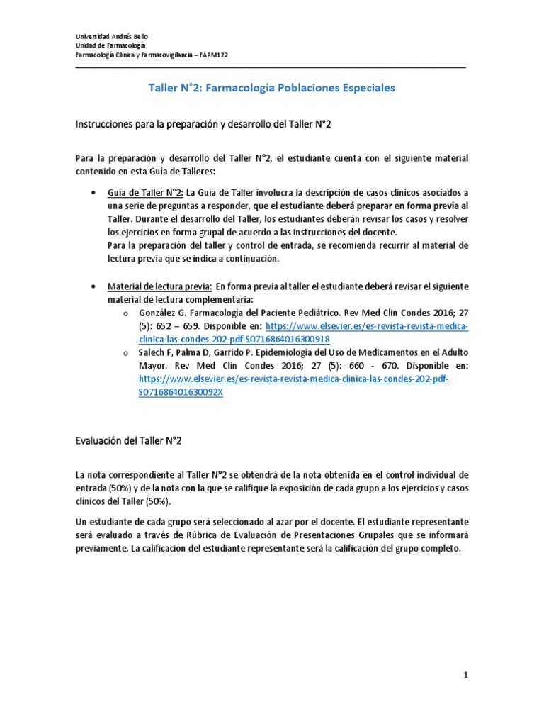 FARM122 - Guía de Taller #2 Poblaciones Especiales 2023 | PDF