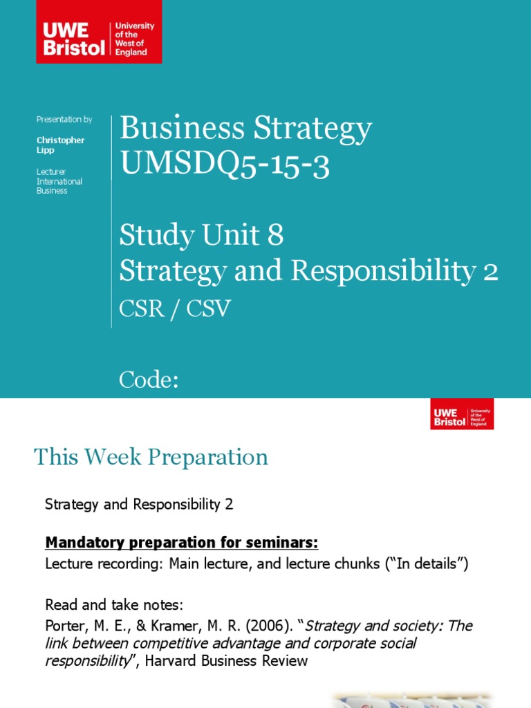 Unit 8 Seminar and Template - Strategy and Responsibility 2 - CSR-CSV ...