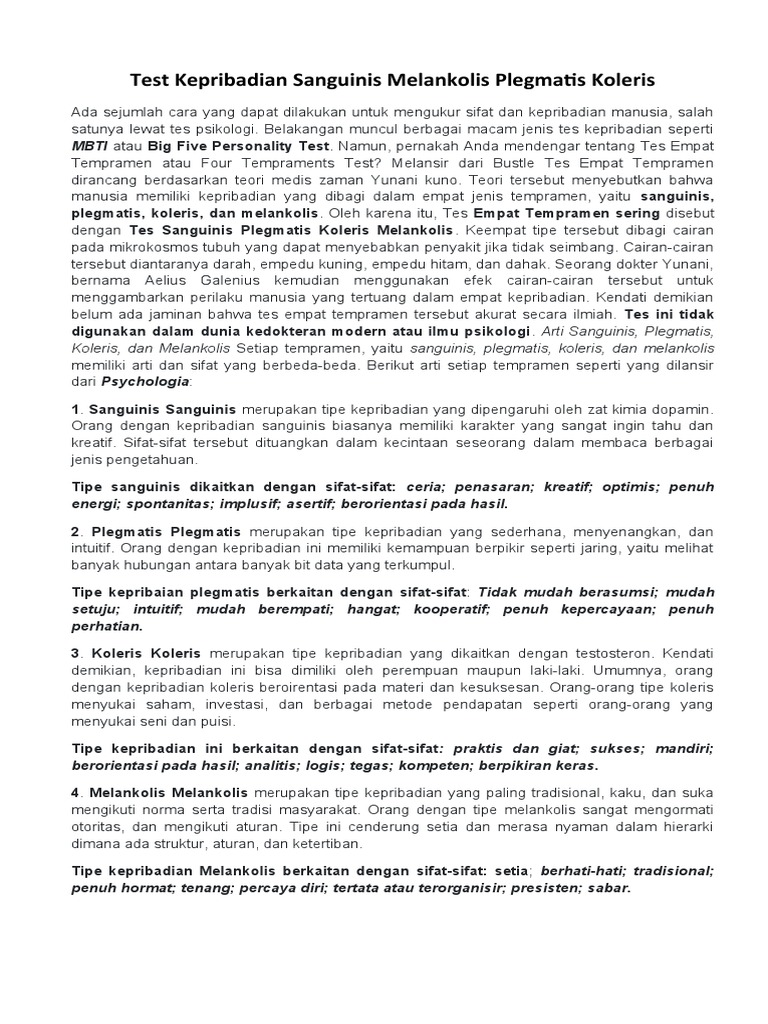 Test Kepribadian Sanguinis Melankolis Plegmatis Koleris | PDF