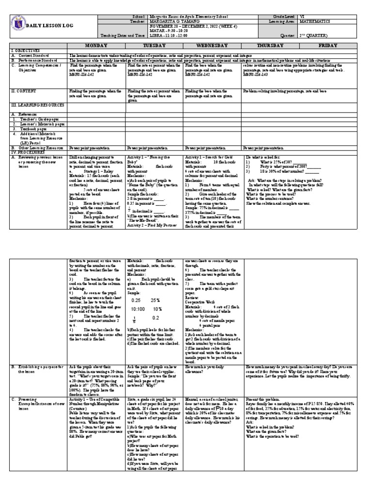 Grade 6 Math Lesson Plan: Percentages | PDF