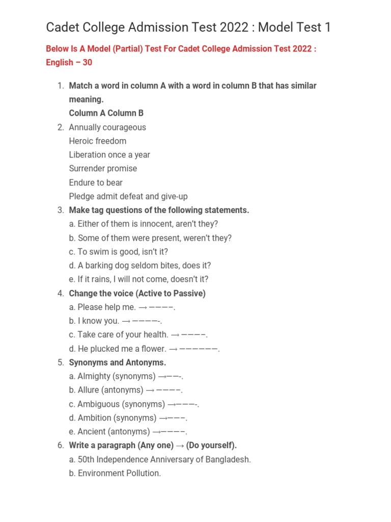 Cadet College Admission Model Test | PDF