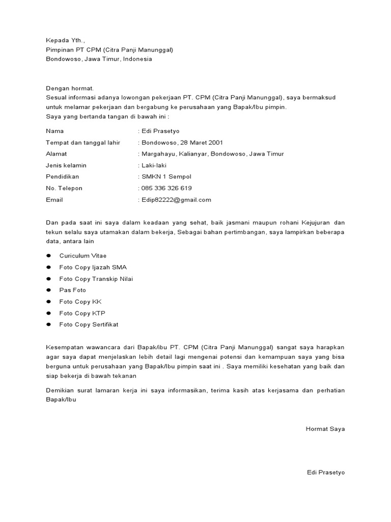 Surat Lamaran Kerja.docx | PDF