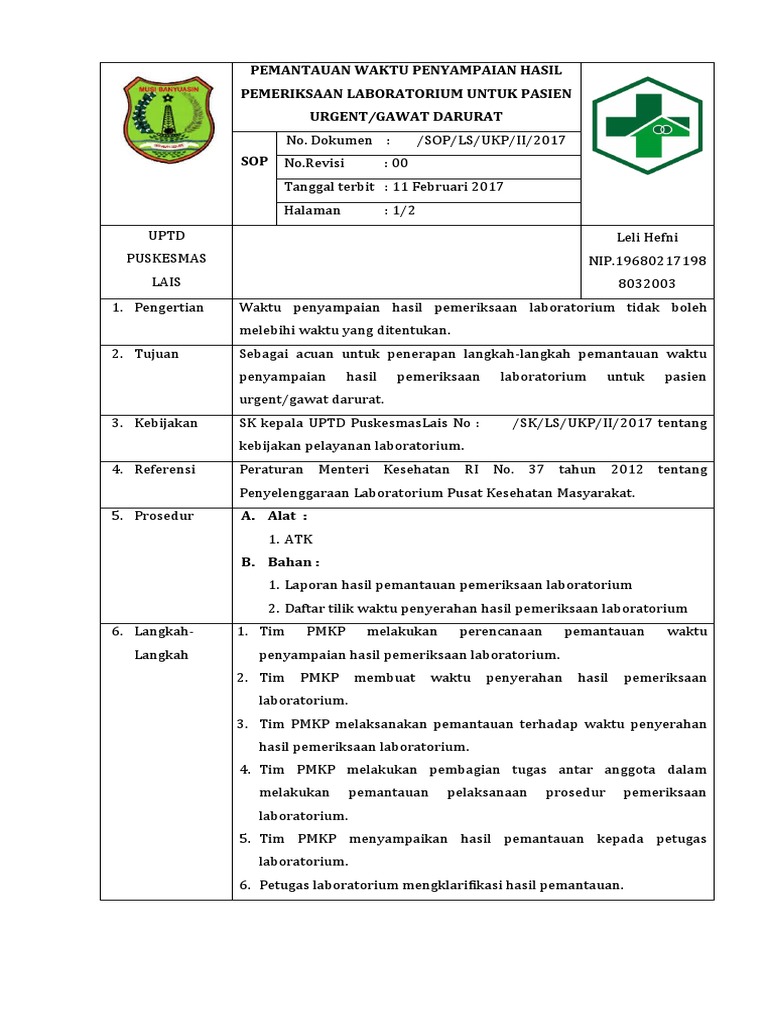 8.1.3.2. Sop Pemantauan Waktu Penyampaian Hasil Pemeriksaan ...
