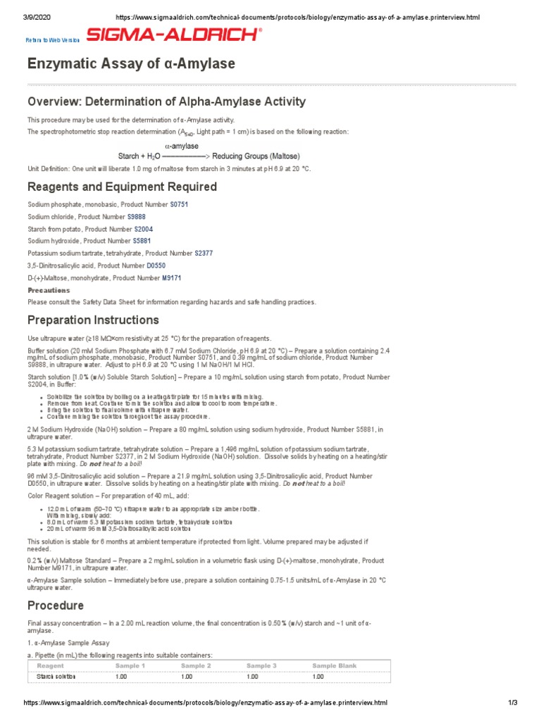 Enzymatic-Assay-Of-A-Amylase Method From Sigma Aldrich PDF | PDF