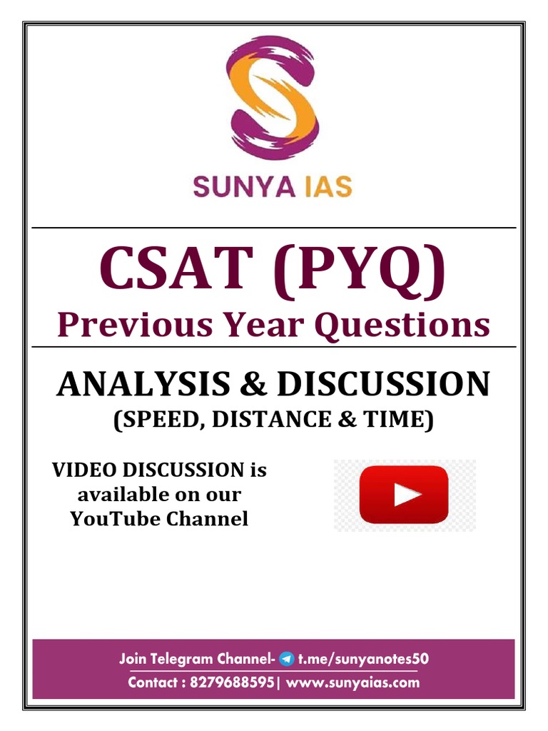 CSAT PYQs - Speed, Distance & Time - Sunya IAS PDF | PDF