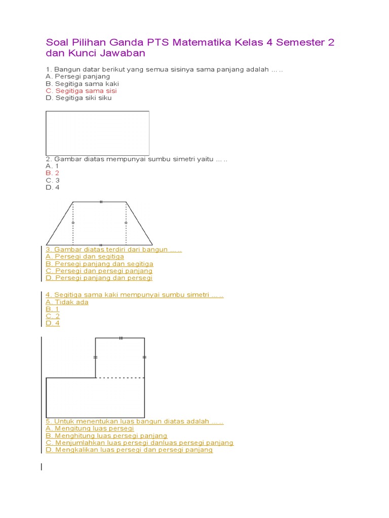 Soal Pilihan Ganda PTS Matematika Kelas 4 Semester 2 Dan Kunci Jawaban | PDF | Metode & Bahan ...