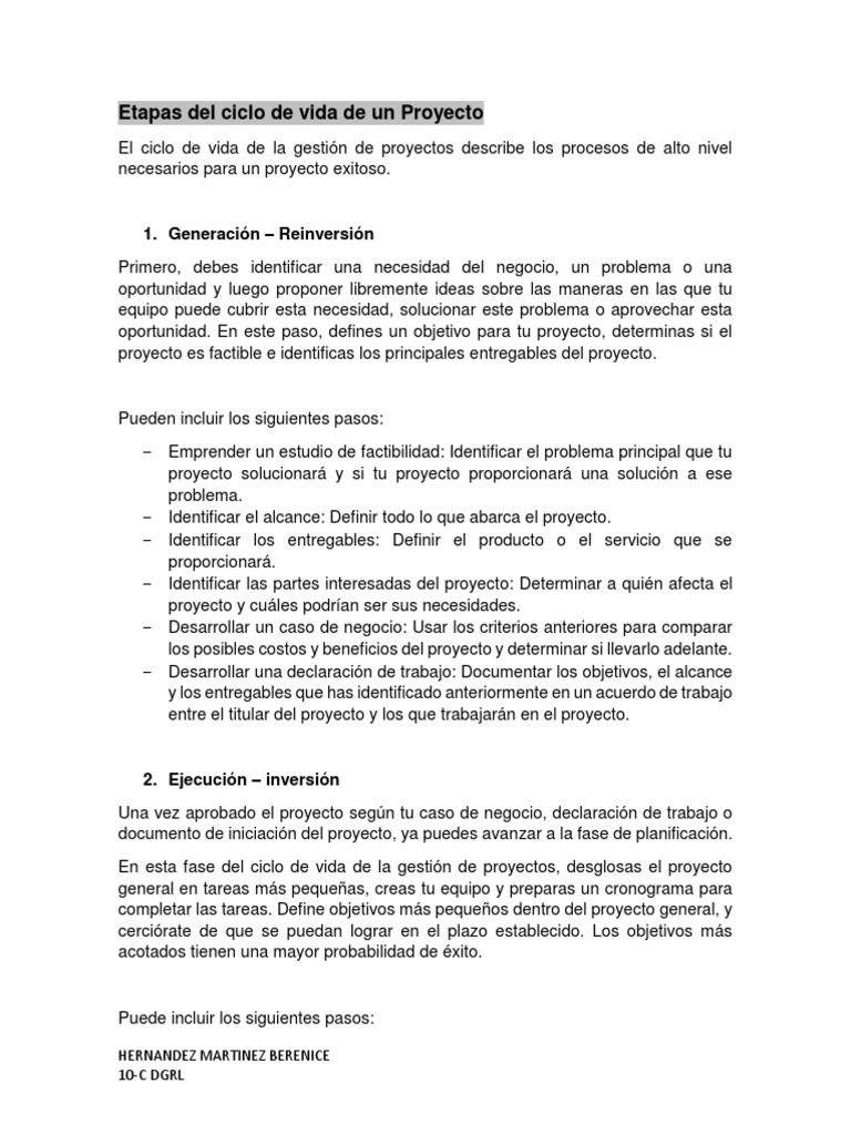 Etapas Del Ciclo De Vida De Un Proyecto Pdf Pdf