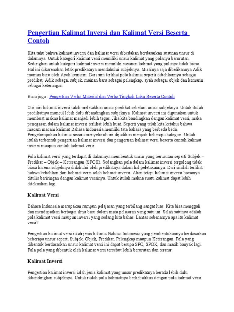 Pengertian Kalimat Inversi Dan Kalimat Versi Beserta Contoh | PDF