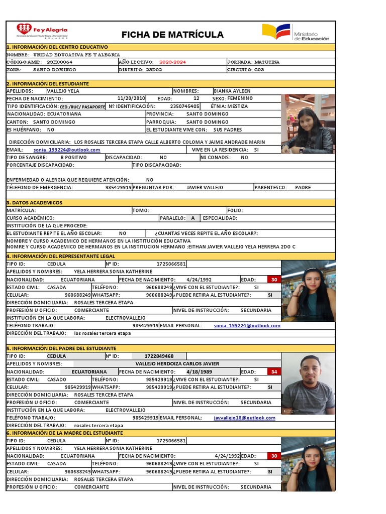 Ficha Matrícula Ue Fe y Alegria 2023-2024 | PDF