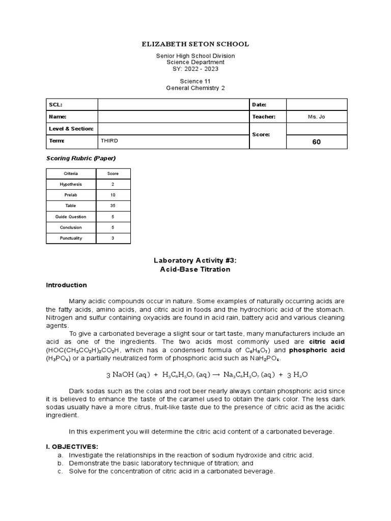 Lab Activity 3 - Acid-Base Titration (Revised) PDF | PDF | Acid | Titration