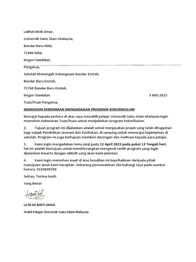 Surat Permohonan Mengadakan Program Kokurikulum | PDF