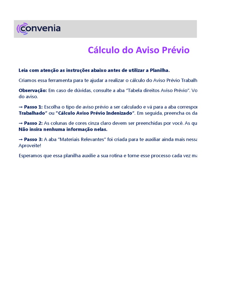 Planilha Convenia - Cálculo Do Aviso Prévio | PDF