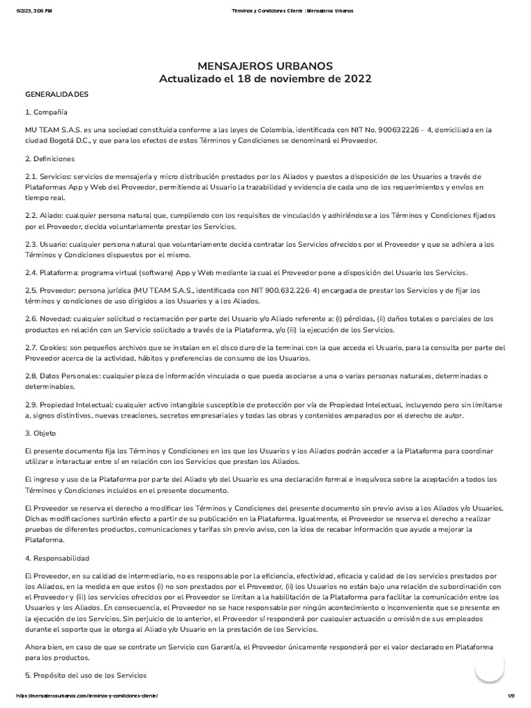 Términos y Condiciones Cliente _ Mensajeros Urbanos.pdf | PDF