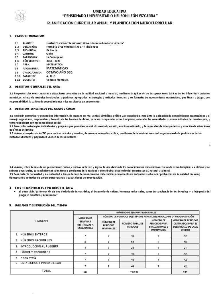 Planificación anual y microcurricular de matemáticas para octavo año de ...
