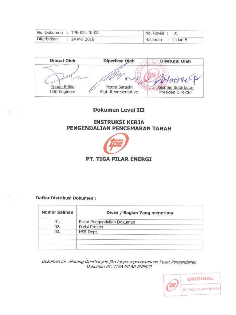 TPE-K3L-IK-08 REV.01 INSTRUKSI KERJA PENGENDALIAN PENCEMARAN TANAH | PDF