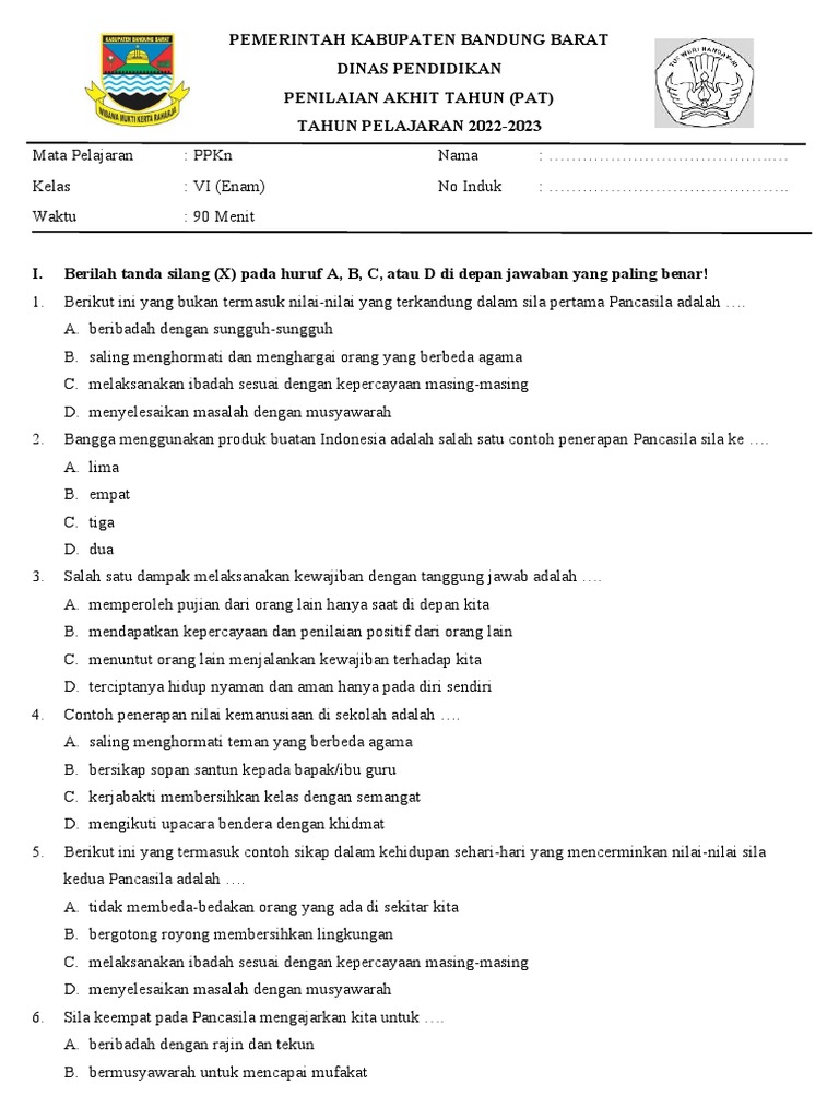 Soal Pat PPKN Kelas 6 2022-2023 | PDF