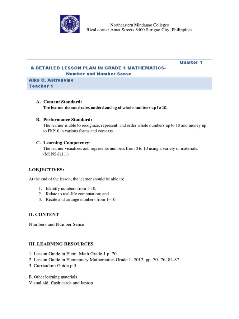 Grade 1 Math Lesson Plan: Numbers 1-10 | PDF