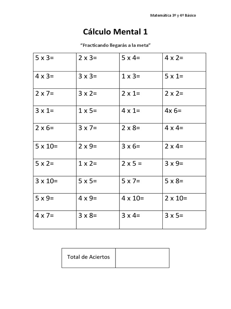 calculo mental 1 al 4 tablas de multiplicar.docx | PDF