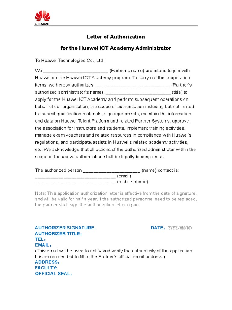 Huawei ICT Academy Authorization Letter | PDF