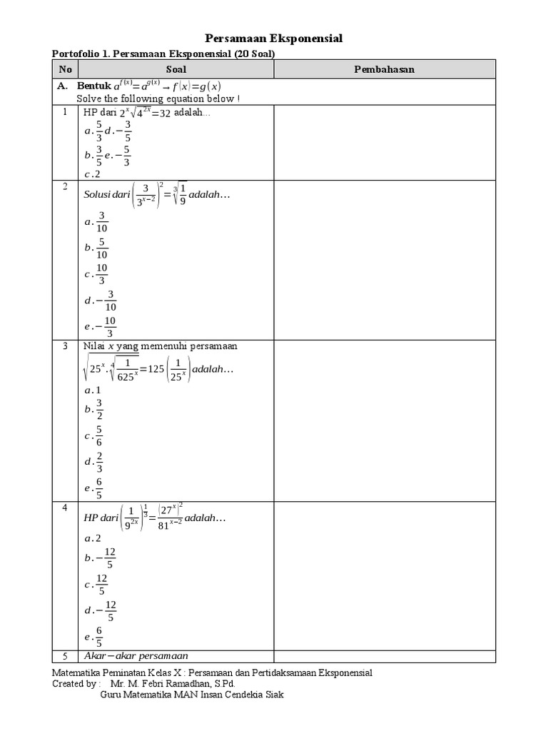 Portofolio 1 Persamaan Eksponensial 20 Soal | PDF