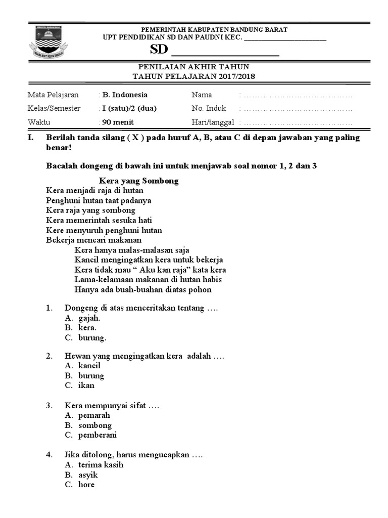 Naskah Soal Pat Kelas 1 Kur 2006 - B Ind | PDF