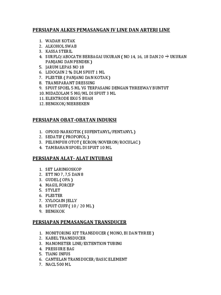 Persiapan Alkes Pemasangan Iv Line Dan Arteri Line | PDF