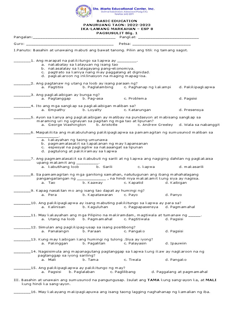 2nd Quarter - ESP 8 QUIZ 1 | PDF