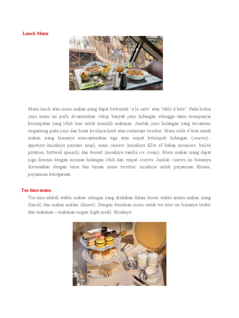 Lunch Menu Dan Tea Time Menu | PDF