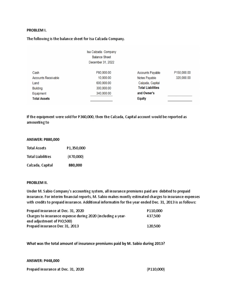 Calzada Company balance sheet problem solutions | PDF | Expense ...