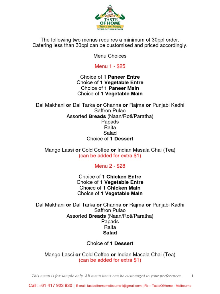 Catering Menu Options Featuring Indian Cuisine for Minimum 30 People | PDF
