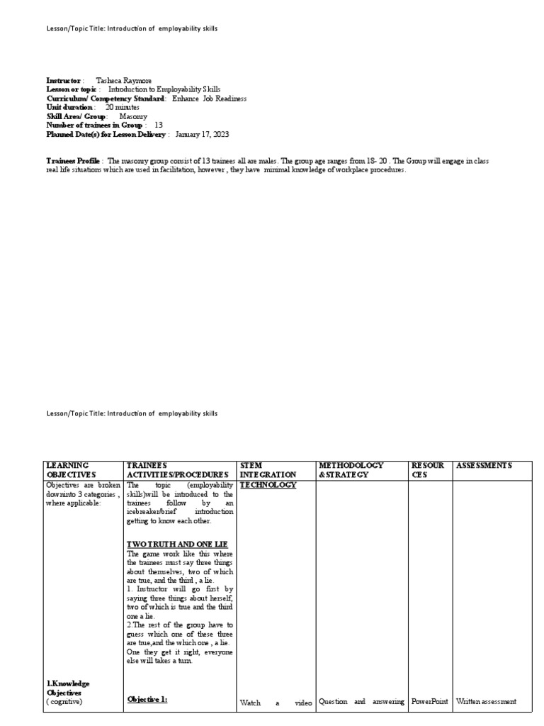 Employability Skills Lesson Plan | PDF