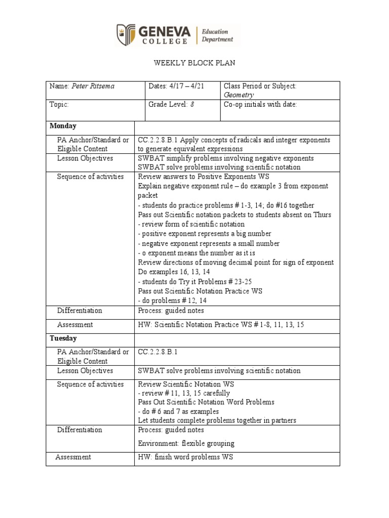 Weekly Block Plan