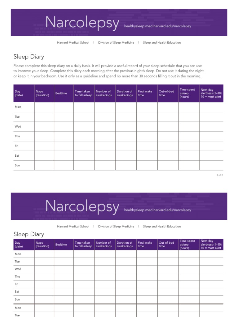 Sleep Diary Narcolepsy PDF | PDF