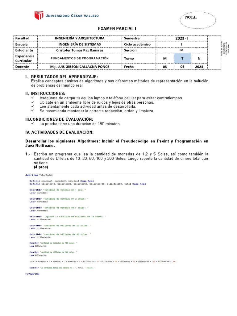 Examen PARCIAL I FUNDAMENTOS DE PROGRAMACION (Cristofer Tomas Paz Ramirez) | PDF | Algoritmos ...