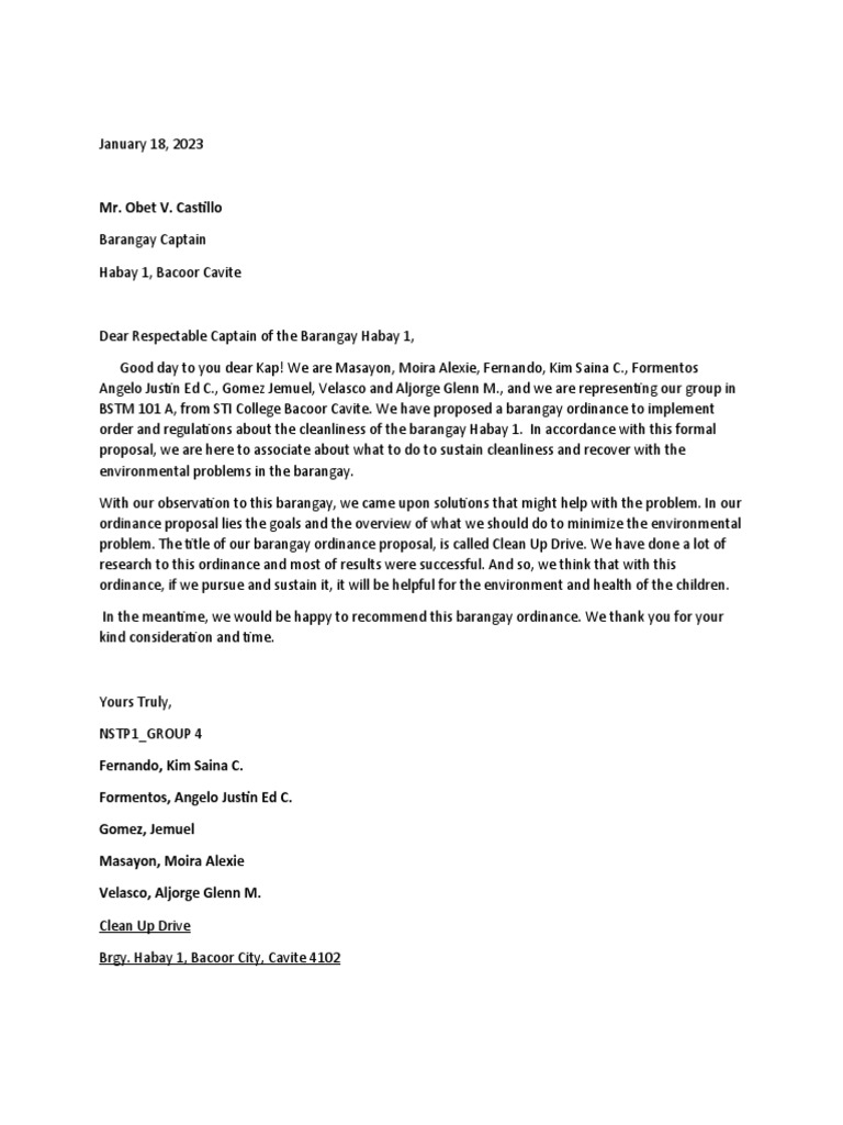 NSTP Letter For Habay1 Group4 | PDF