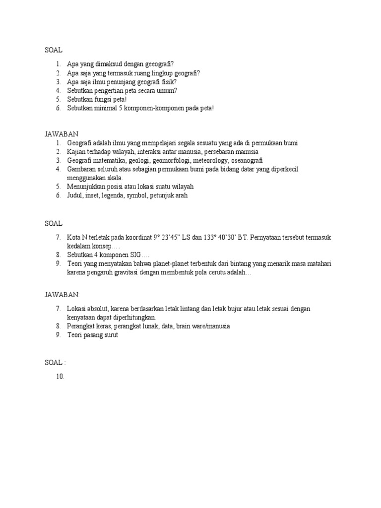 Soal Essay Geografi Kelas 10 dan 12 | PDF